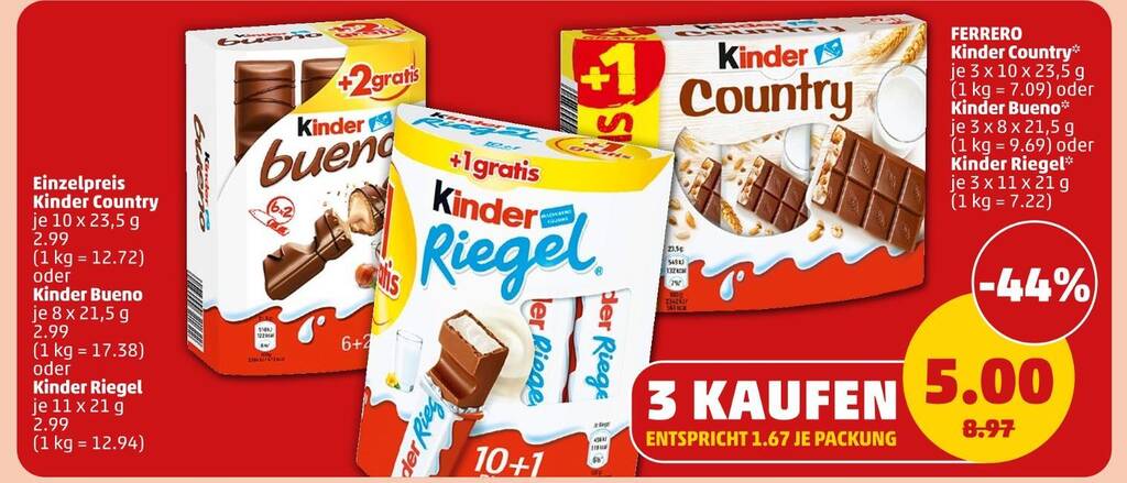 Ferrero kinder country, kinder bueno, kinder riegel Angebot bei PENNY
