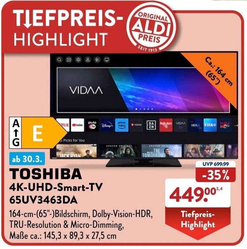 TOSHIBA 4K-UHD-Smart-TV 65UV3463DA Angebot bei Aldi Süd