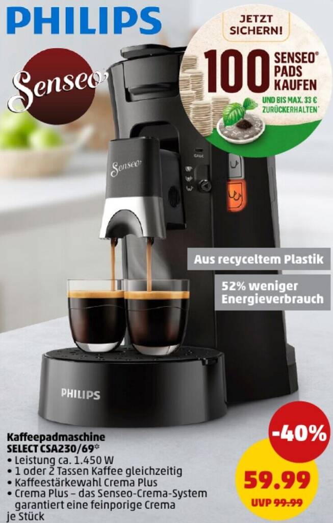 PHILIPS Senseo Kaffeepadmaschine SELECT CSA230/69 Angebot bei PENNY