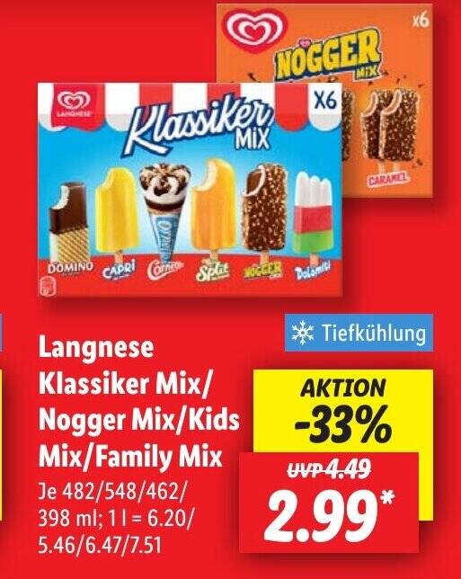 Langnese Klassiker Mix/ Nogger Mix/Kids Mix/Family Mix Angebot bei Lidl