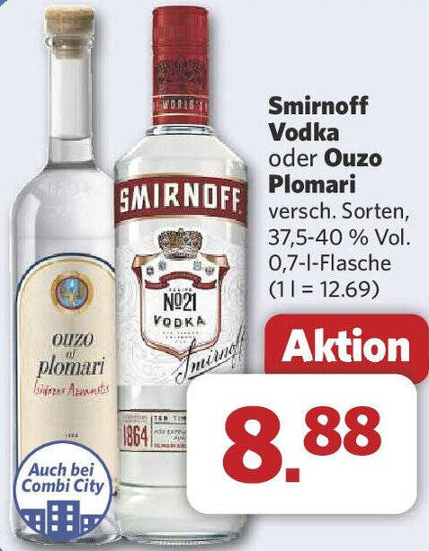 Smirnoff Vodka oder Ouzo Plomari 0.7 l Angebot bei Combi