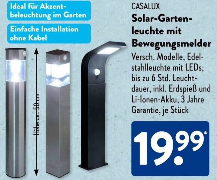 CASALUX Solar-Gartenleuchte mit Bewegungsmelder Angebot bei Aldi Süd