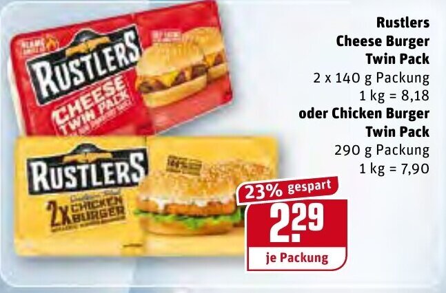 Rustlers Cheese Burger Twin Pack oder Chicken Burger Twin Pack 2x140g ...