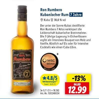 Ron Rumbero Kubanischer Rum 7 Jahre Angebot bei Lidl