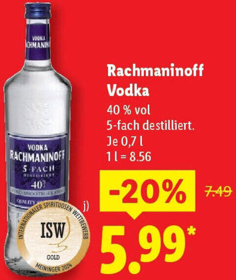 Rachmaninoff Vodka 0.7 l Angebot bei Lidl
