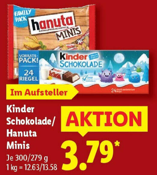Kinder Schokolade/ Hanuta Minis 300-279 g Angebot bei Lidl