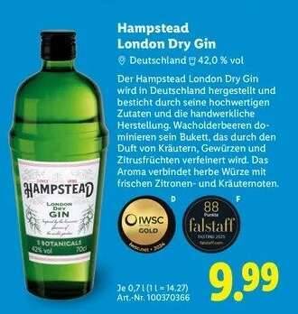 Hampstead London Dry Gin Angebot bei Lidl