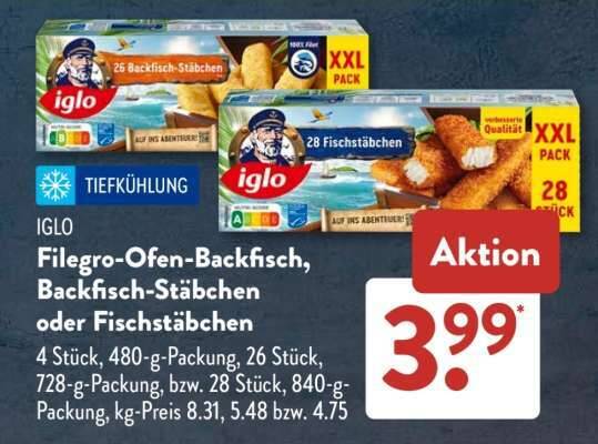 Iglo Filegro-Ofen-Backfisch, Backfisch-Stäbchen oder Fischstäbchen ...