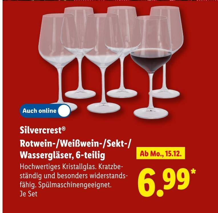 Silvercrest rotwein-/weißwein-/sekt-/wassergläser Angebot bei Lidl
