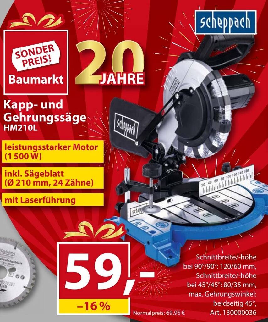 scheppach Kapp- und Gehrungssäge HM210L Angebot bei Sonderpreis Baumarkt