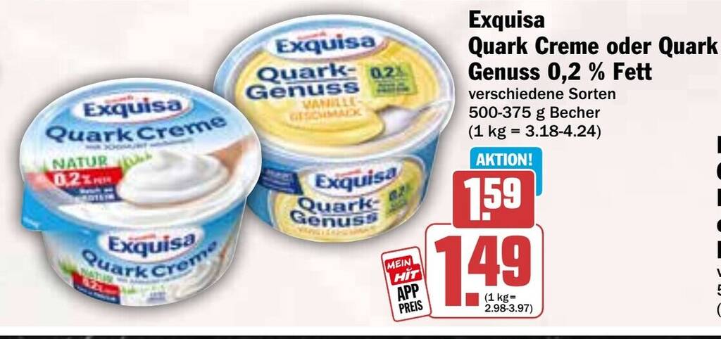 Exquisa Quark Creme oder Quark Genuss 0,2% Fett 500-375 g Angebot bei HIT
