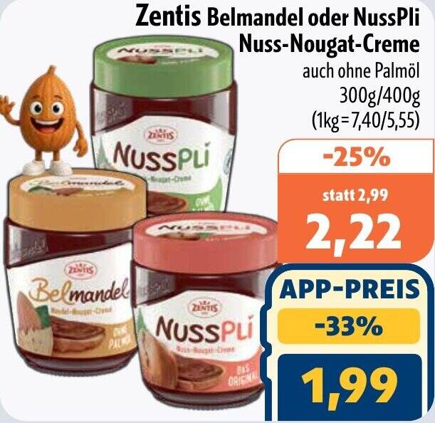 Zentis Belmandel oder NussPli Nuss-Nougat-Creme 300-400 g Angebot bei ...