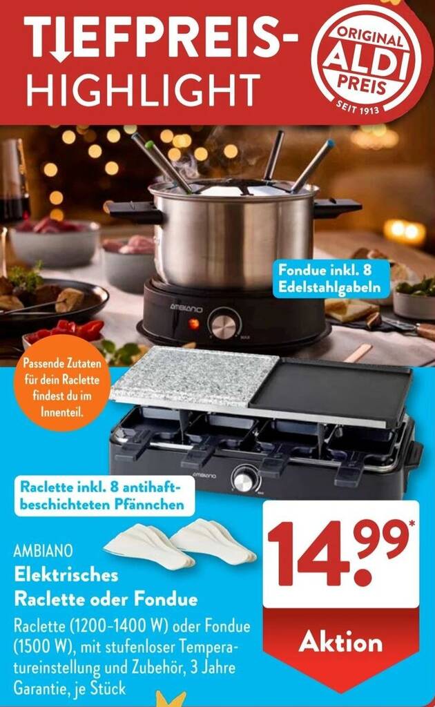 AMBIANO Elektrisches Raclette oder Fondue Angebot bei Aldi Süd