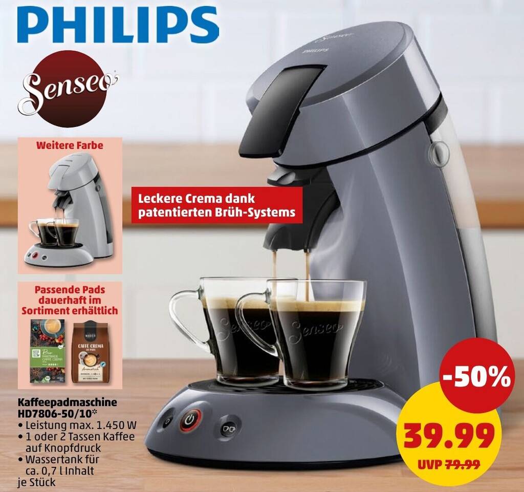 PHILIPS Sensee Kaffeepadmaschine HD7806-50/10 Angebot bei PENNY
