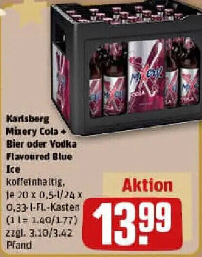 Karlsberg Mixery Cola + Bier oder Vodka Flavoured Blue Ice Angebot bei REWE