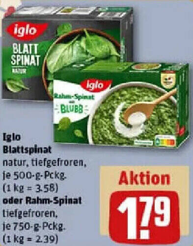 Iglo Blattspinat oder Rahm-Spinat 500-750 g Angebot bei REWE