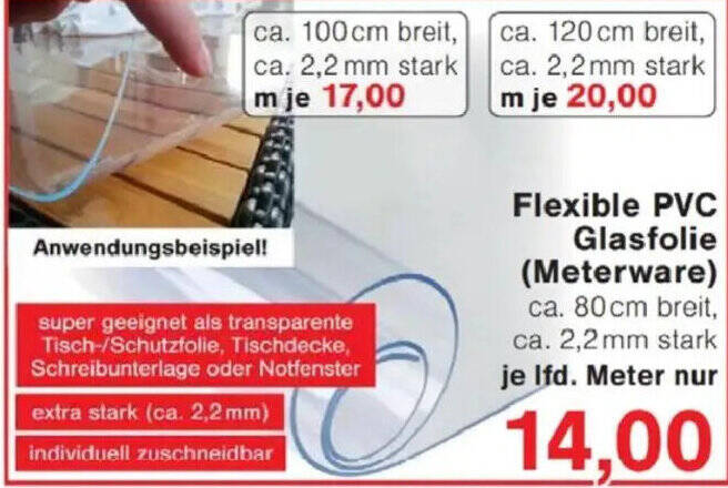 Flexible PVC Glasfolie (Meterware) Angebot bei Jawoll
