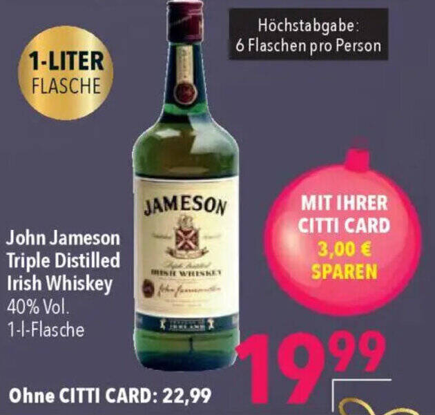 John Jameson Triple Distilled Irish Whiskey 1 l Angebot bei CITTI Markt