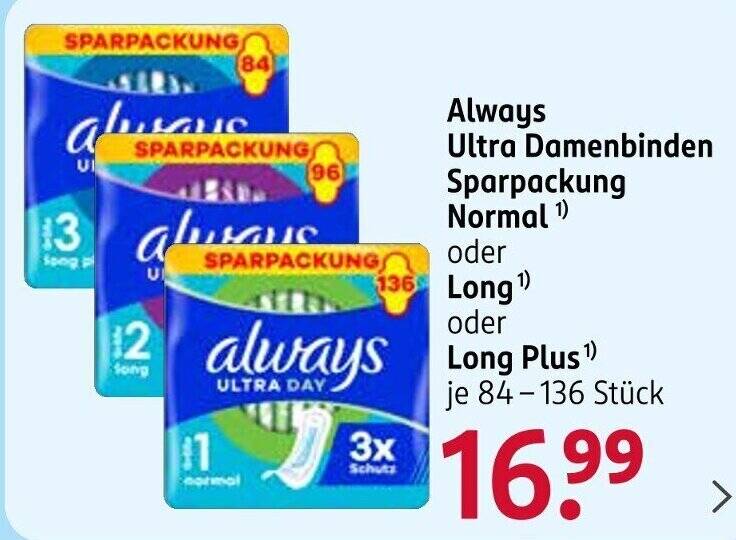 Always Ultra Damenbinden Sparpackung Normal oder Long oder Long Plus ...
