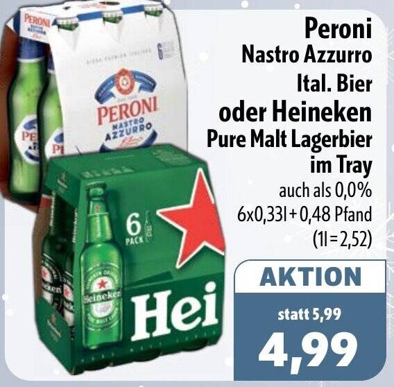 Peroni Nastro Azzurro Ital. Bier oder Heineken Pure Malt Lagerbier im ...