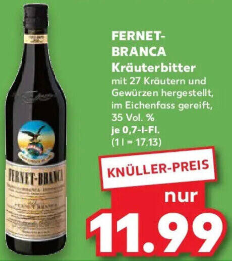 FERNET BRANCA Kräuterbitter 0.7 l Angebot bei Kaufland