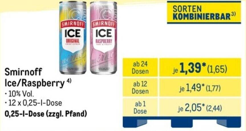 Smirnoff Ice/Raspberry 0.25 l Angebot bei METRO