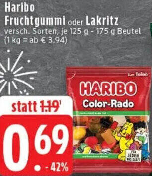 Haribo Fruchtgummi oder Lakritz 125-175 g Angebot bei Edeka