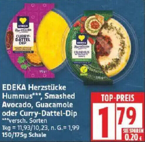 EDEKA Herzstücke Hummus, Smashed Avocado, Guacamole oder Curry-Dattel ...
