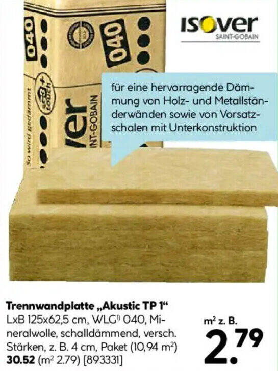 ISOVER Trennwandplatte ,,Akustic TP 1" Angebot bei Hellweg