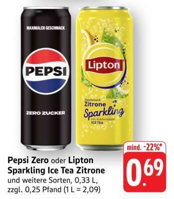 Pepsi Zero oder Lipton Sparkling Ice Tea Zitrone Angebot bei Edeka