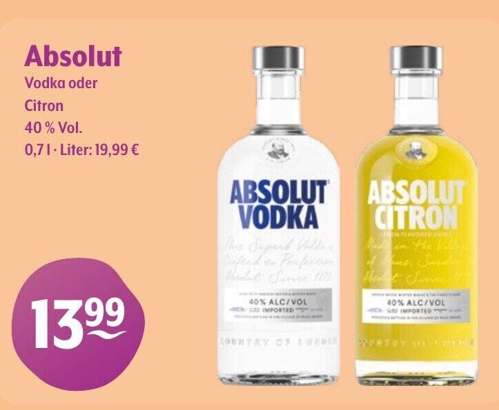 Absolut Vodka oder Citron 700 ml Angebot bei Getränke Hoffmann
