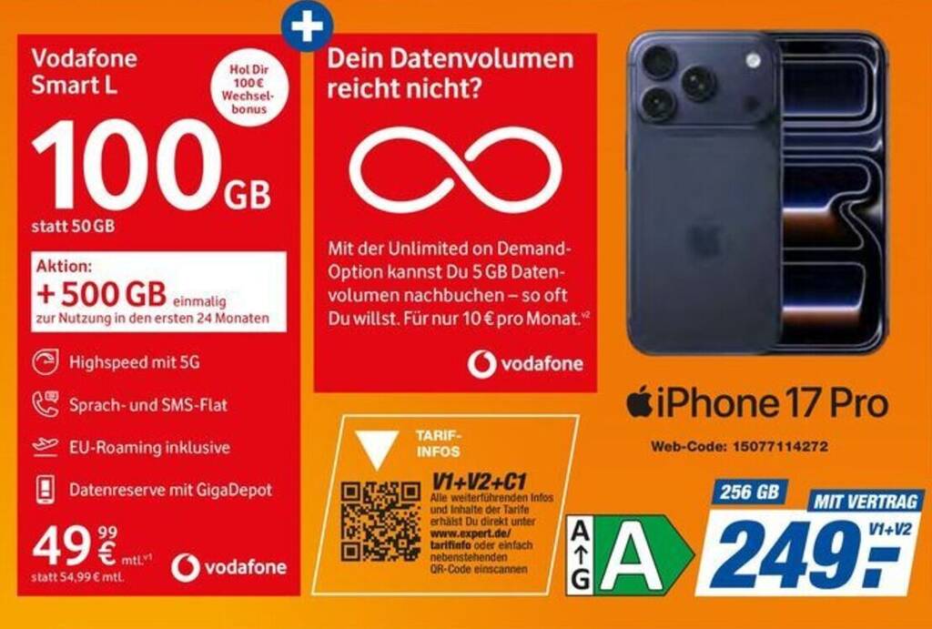 Apple iPhone 17 Pro + Vodafone Smart L 100GB Angebot bei expert Techno Land
