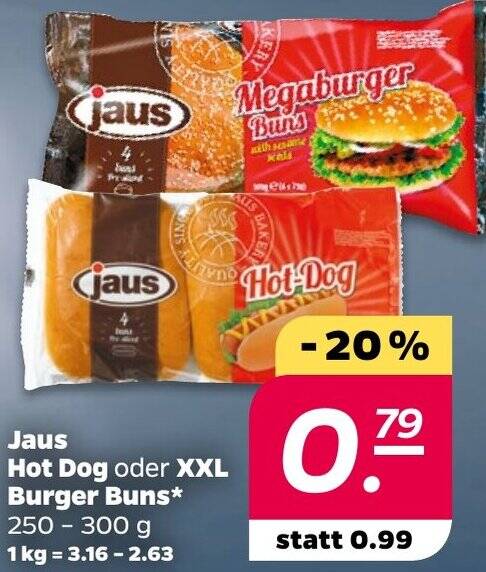Jaus Hot Dog oder XXL Burger Buns 250-300 g Angebot bei NETTO