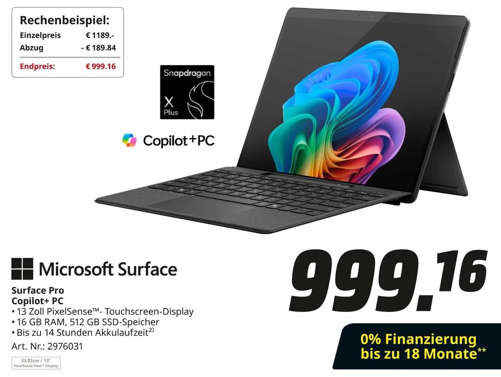 Microsoft Surface Pro Copilot+ PC Angebot bei MediaMarkt