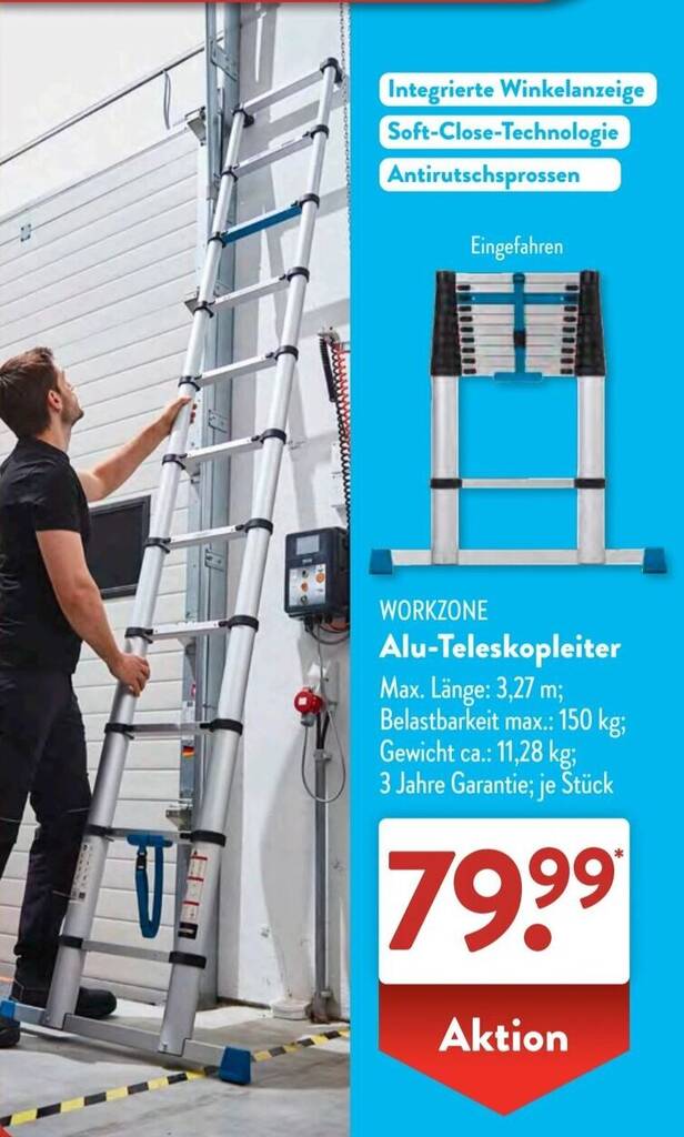 WORKZONE Alu-Teleskopleiter Angebot bei Aldi Süd