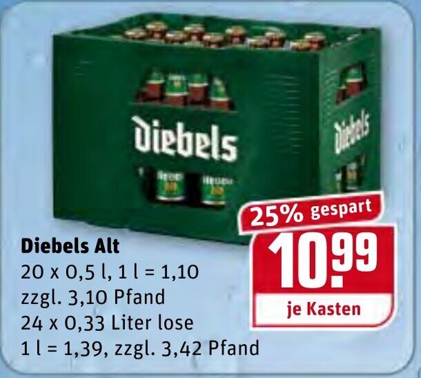 Diebels Alt 20x0,5L/24x0,33L Angebot bei REWE Center