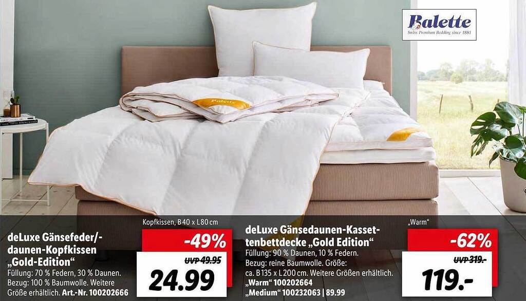 Balette Deluxe Gansedaunen Kassettenbettdecke Gold Edition Warm