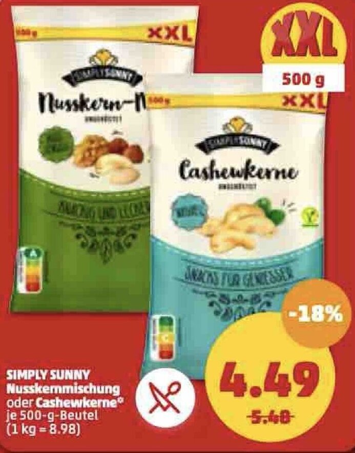 Simply Sunny Nusskenmischung Cashewkerne 500g Angebot bei PENNY