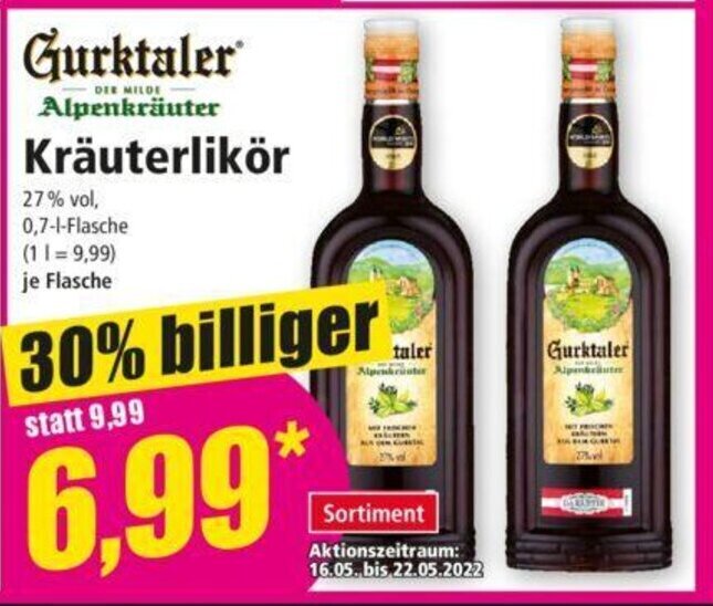 Gurktaler Alpenkräuter Kräuterlikör 0,7 L Flasche Angebot bei Norma