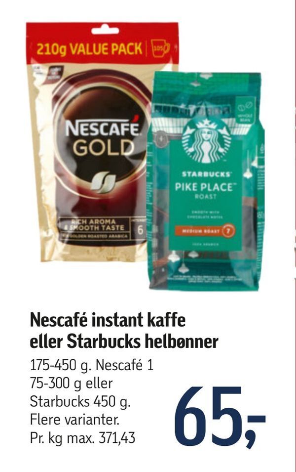 Nescafé instant kaffe eller starbucks helbønner tilbud hos Føtex
