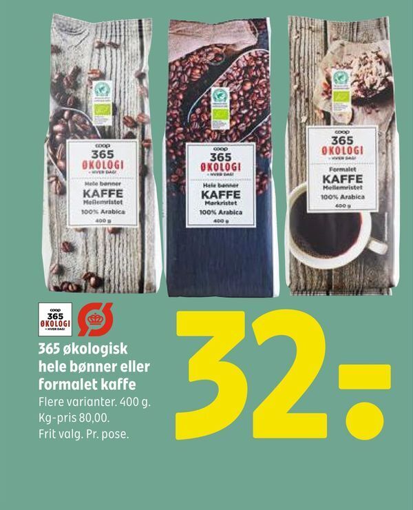 365 økologisk hele bønner eller formalet kaffe tilbud hos Coop 365
