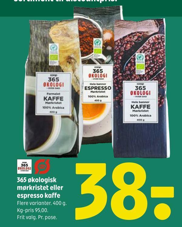 365 økologisk mørkristet eller espresso kaffe tilbud hos Coop 365