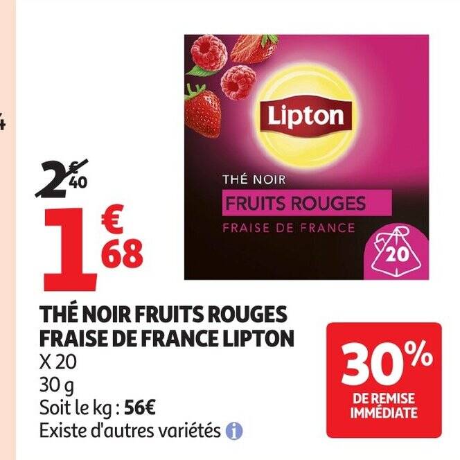 Promo LIPTON Thé noir fruits rouges fraise de france 30 g chez Auchan