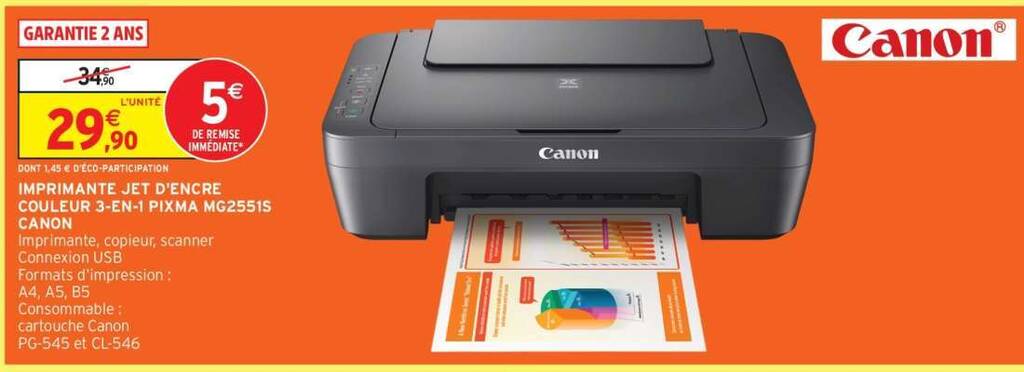 Promo IMPRIMANTE JET D'ENCRE COULEUR 3-EN-1 PIXMA MG2551S CANON chez ...