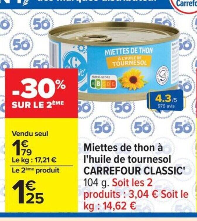 Promo CARREFOUR CLASSIC Miettes de thon à l'huile de tournesol 104 g ...