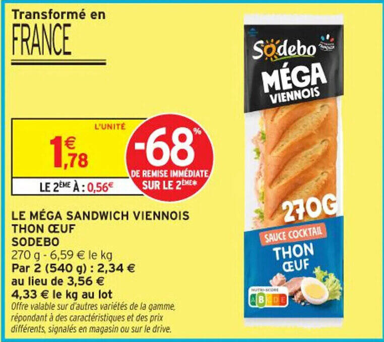 Promo Le méga sandwich viennois thon œuf sodebo 270 g chez Intermarché ...