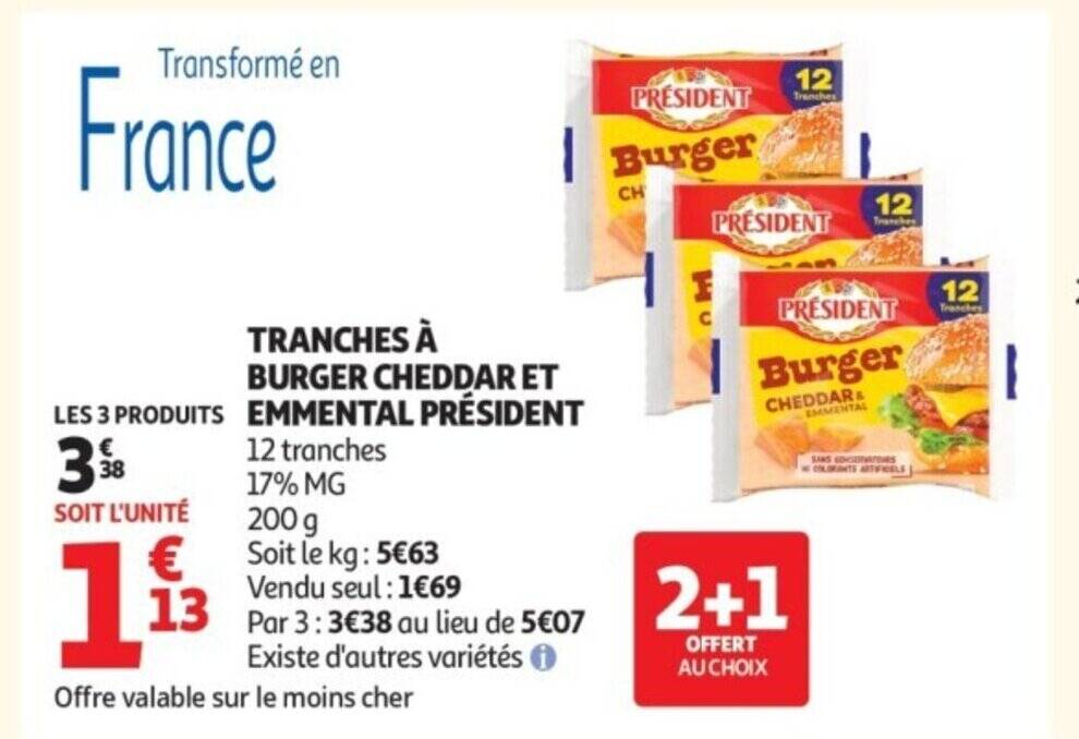 Promo PRÉSIDENT Tranches à burger cheddar et emmental 600 g chez Auchan