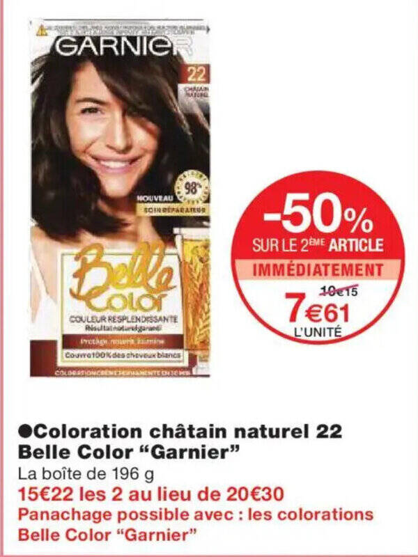 Promo GARNIER Coloration châtain naturel Belle Color 196 g chez Monoprix