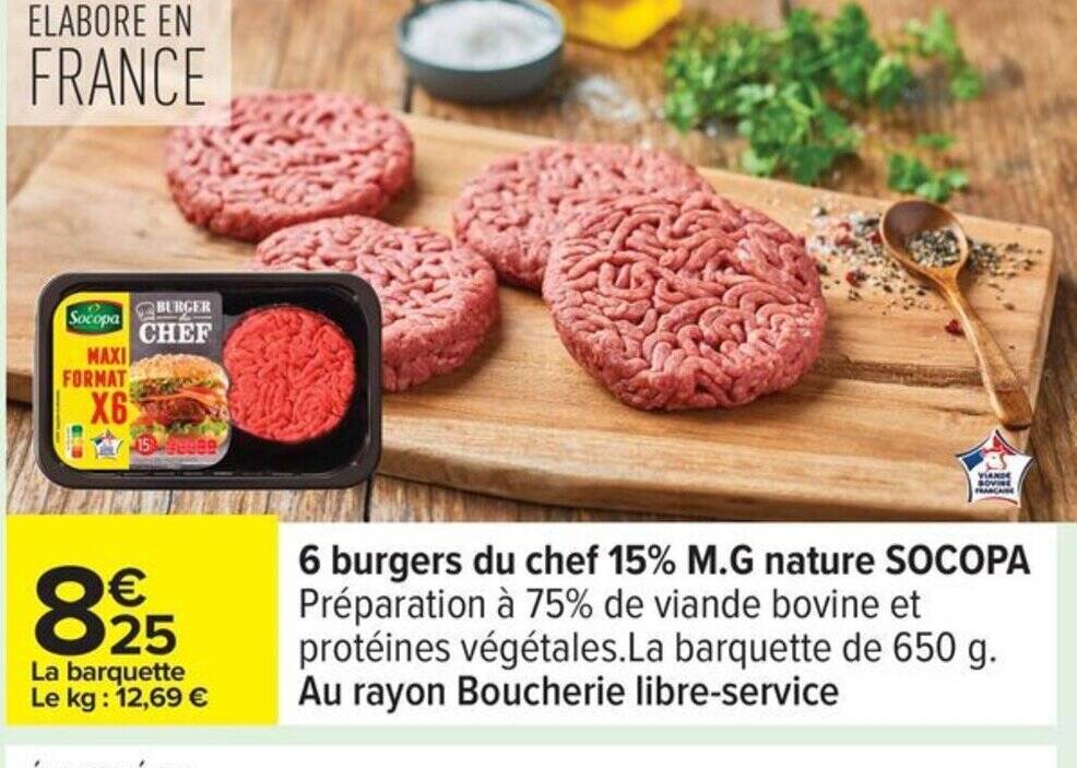 Promo SOCOPA 6 burgers du chef 15% M.G nature 650 g chez Carrefour