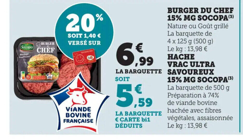 Promo SOCOPA Burger du chef 15% mg 500 g chez Bi1